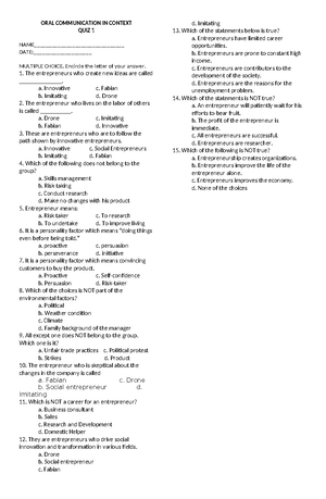 Entrep Q3 - quiz - ENTREPRENEURSHIP QUIZ 3 NAME ...