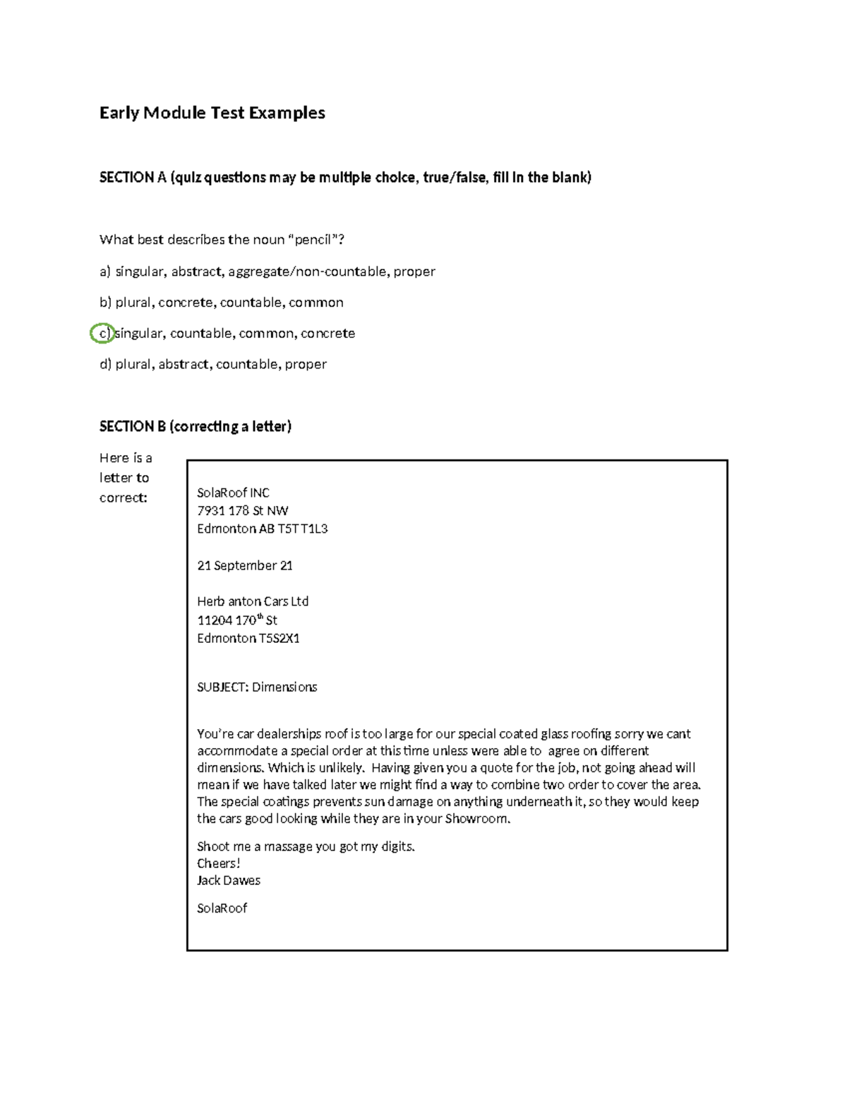 210 Early Module Test Examples - Early Module Test Examples SECTION A ...