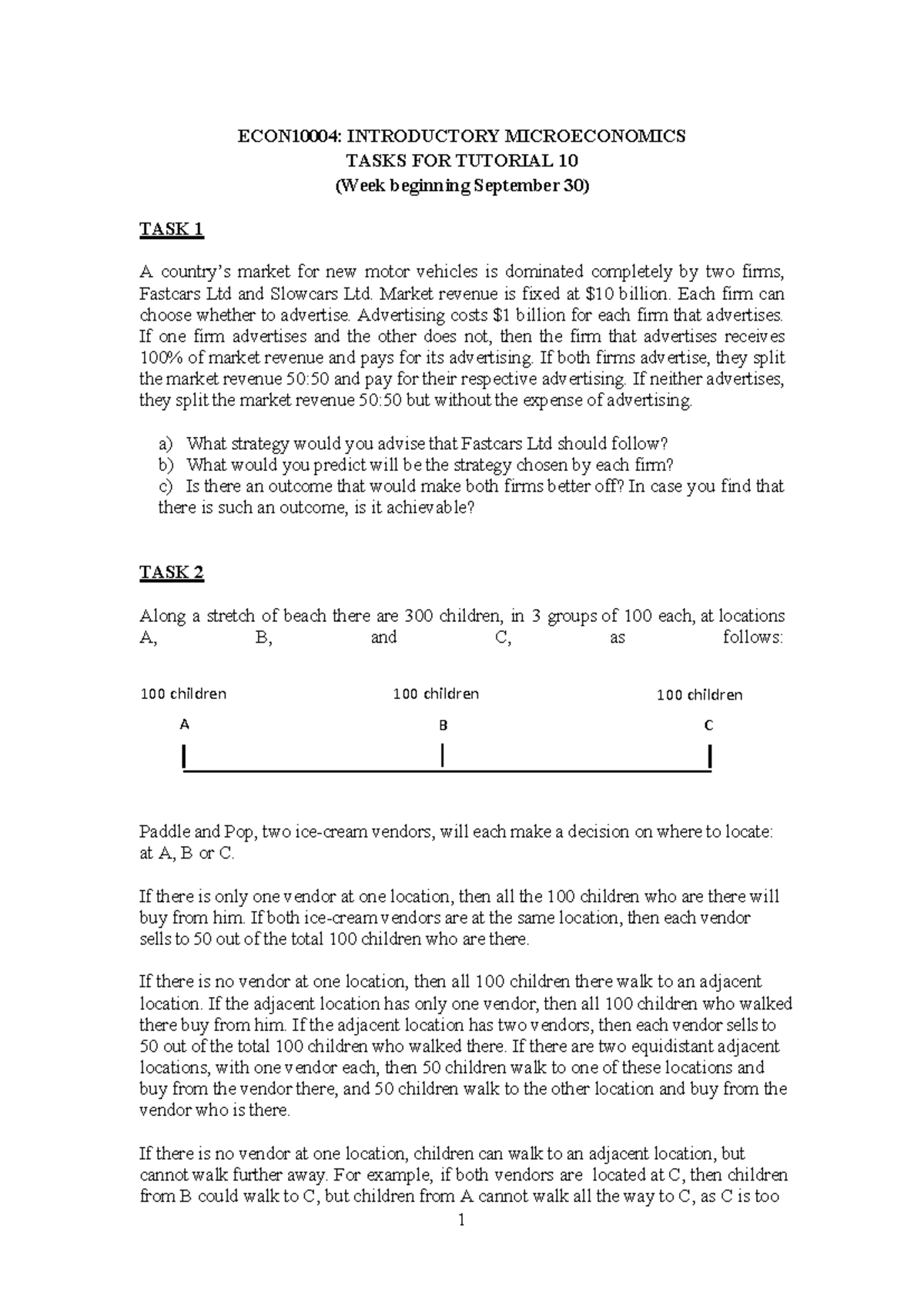 Week 10 In-Tutorial Tasks - 1 ECON10004: INTRODUCTORY MICROECONOMICS TASKS FOR TUTORIAL 10 (Week ...
