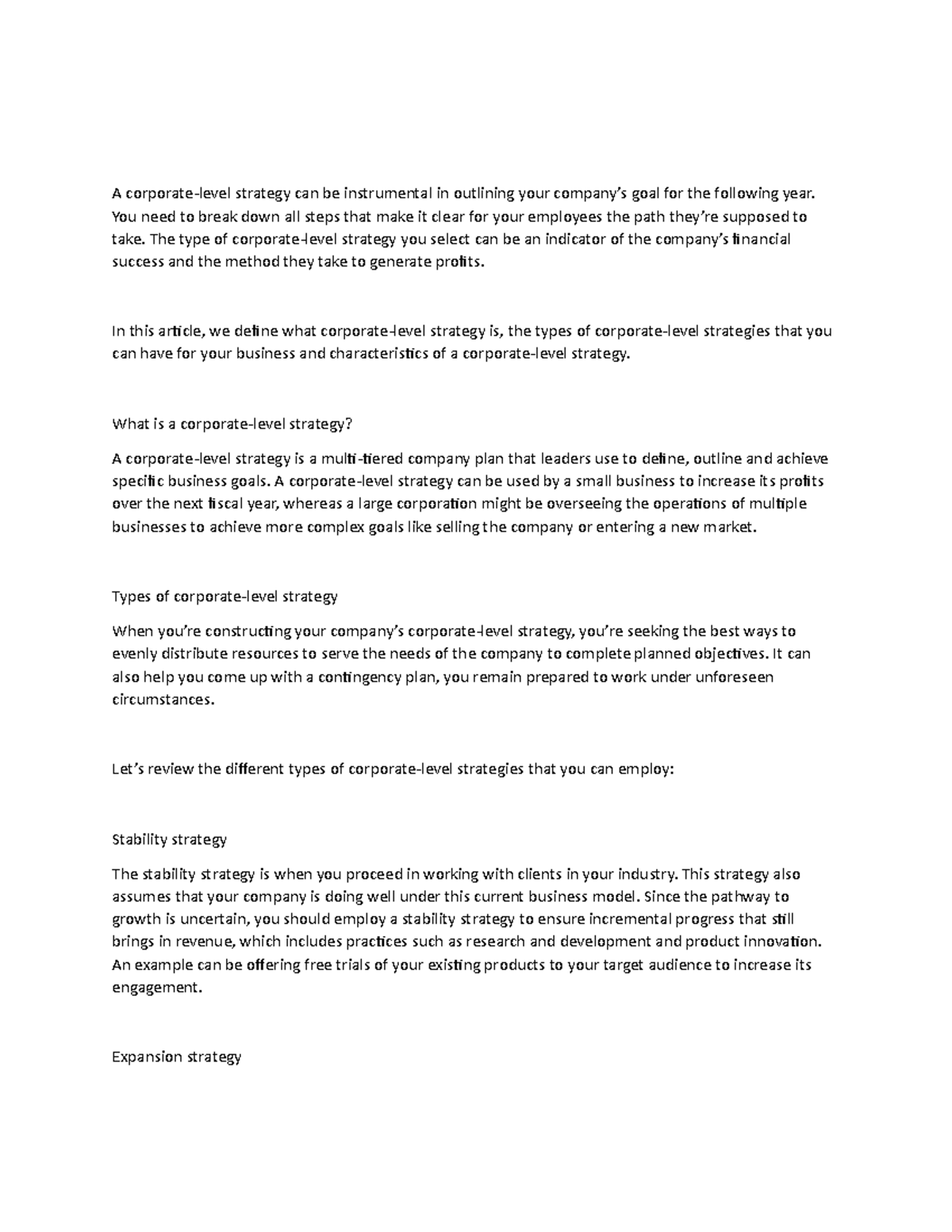 Corporate level strategies - A corporate-level strategy can be ...