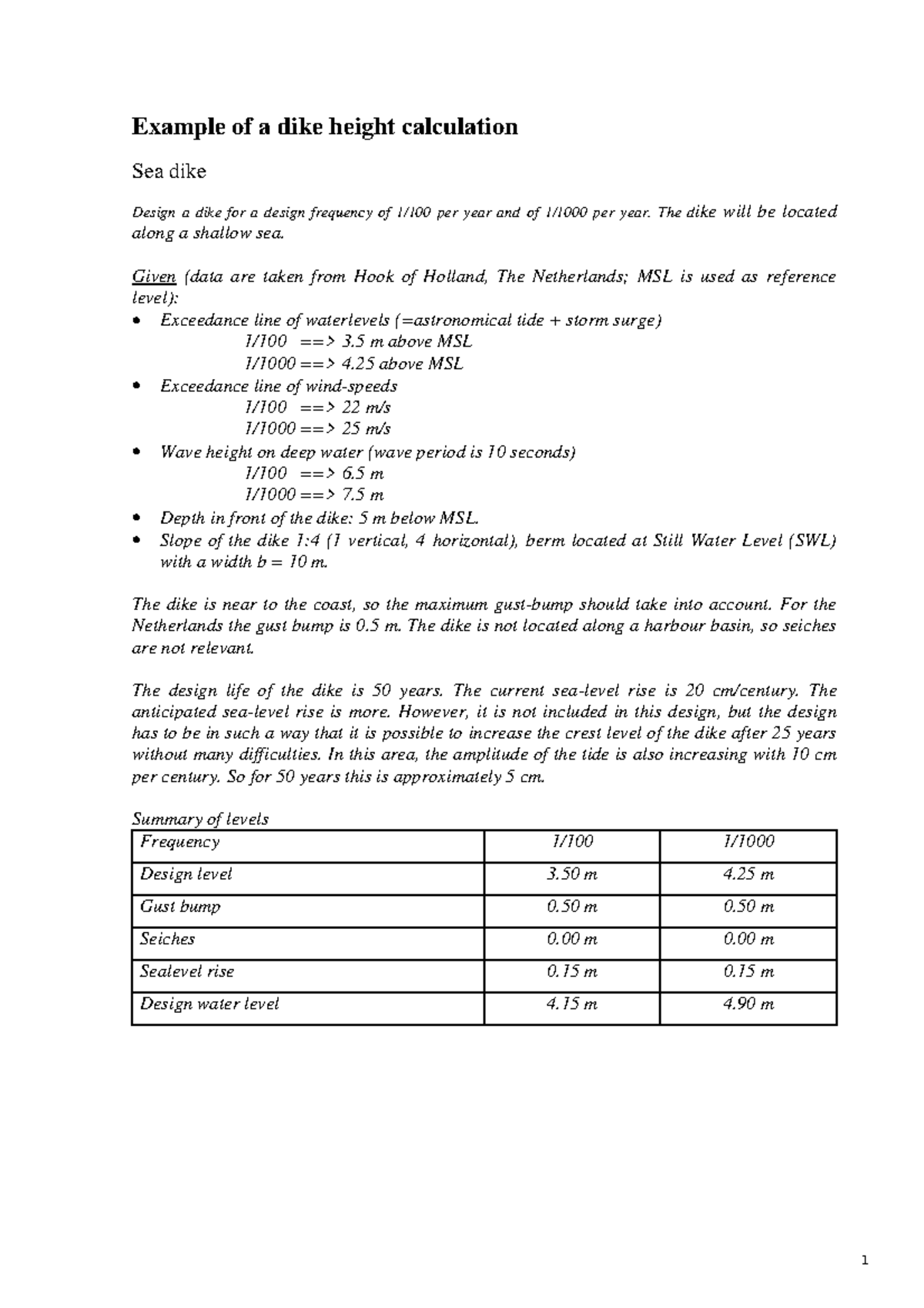 Dike height design example calculation - Example of a dike height ...