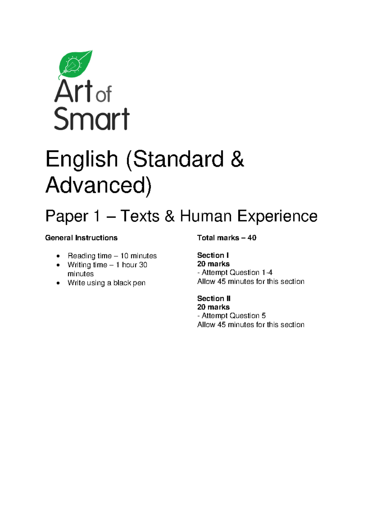 Art of Smart paper - English (Standard & Advanced) Paper 1 – Texts ...