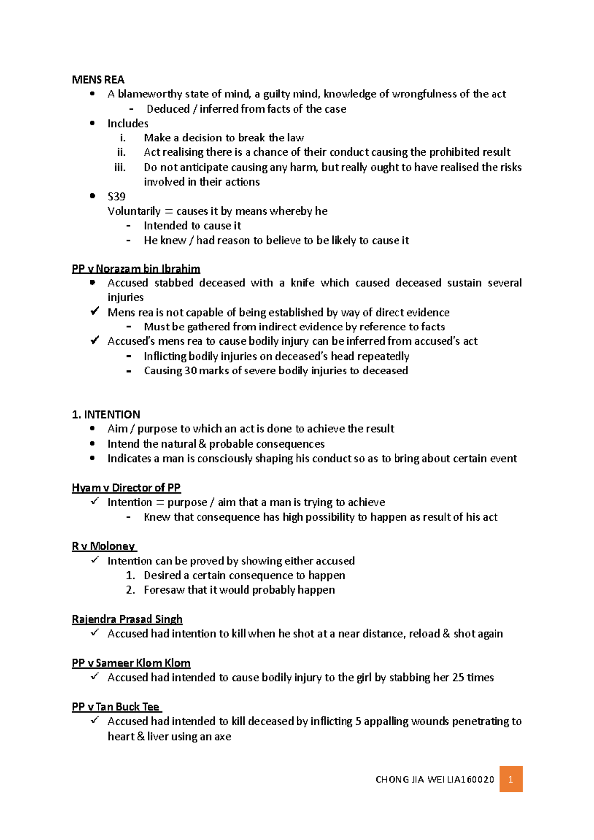 03 MENS REA - Lecture notes 3 - MENS REA A blameworthy state of mind, a ...