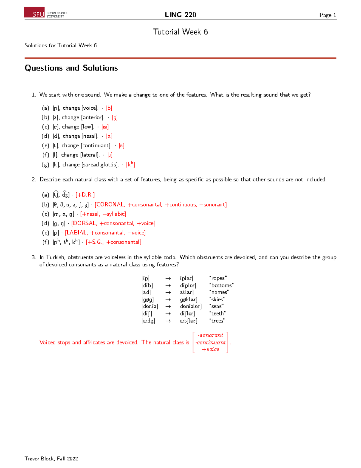 Tutorial Week 06 - KEY - Solutions phonology - LING 220 Page 1 Tutorial Week 6 Solutions for ...