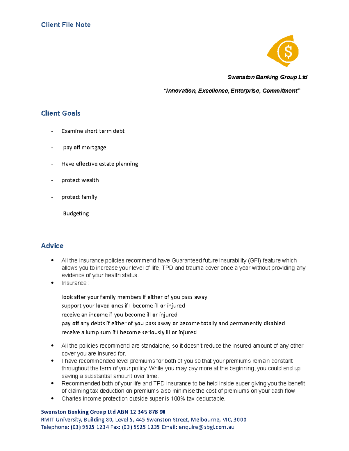 BID File Note Swanston Banking Group Ltd - Client File Note Swanston ...