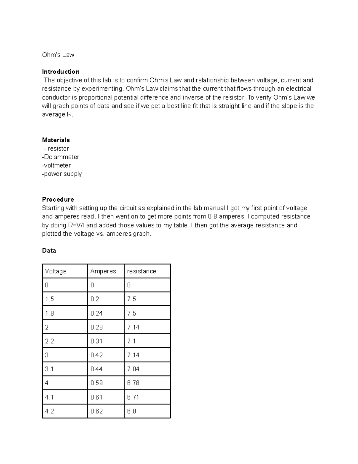 ohms law physics 120 lab 3 - Ohm’s Law Introduction The objective of ...