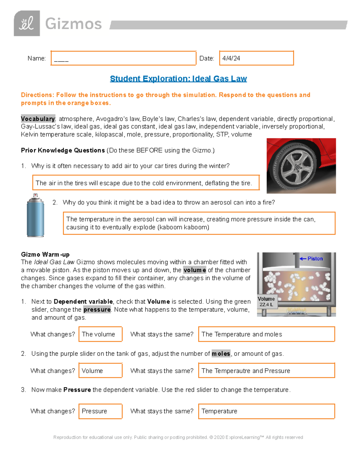 Copy of Ideal Gas Law SE - Gizmos worksheet. - Name: ____ Date: 4/4 ...