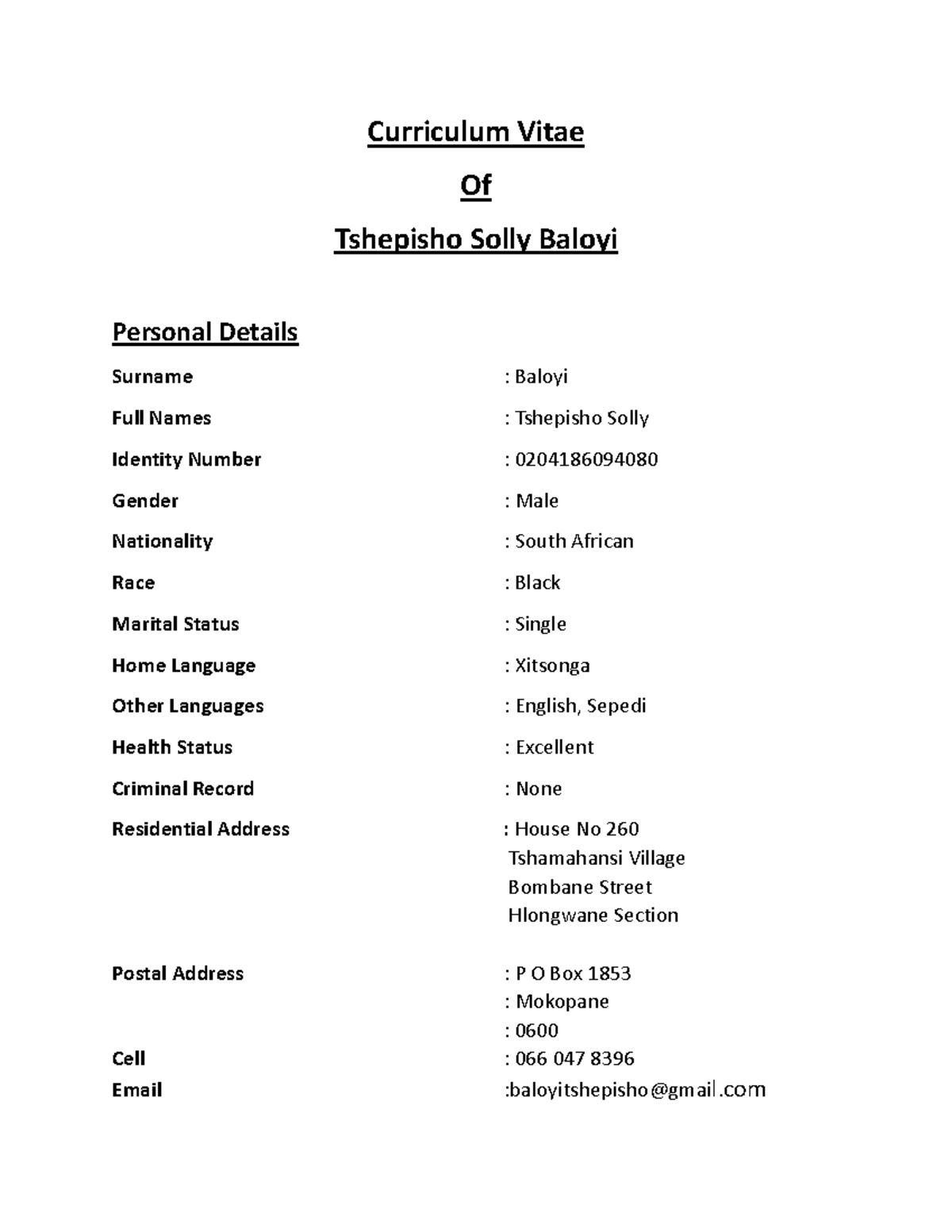 Tshepo Cv - For more information and knowledge - Curriculum Vitae Of ...
