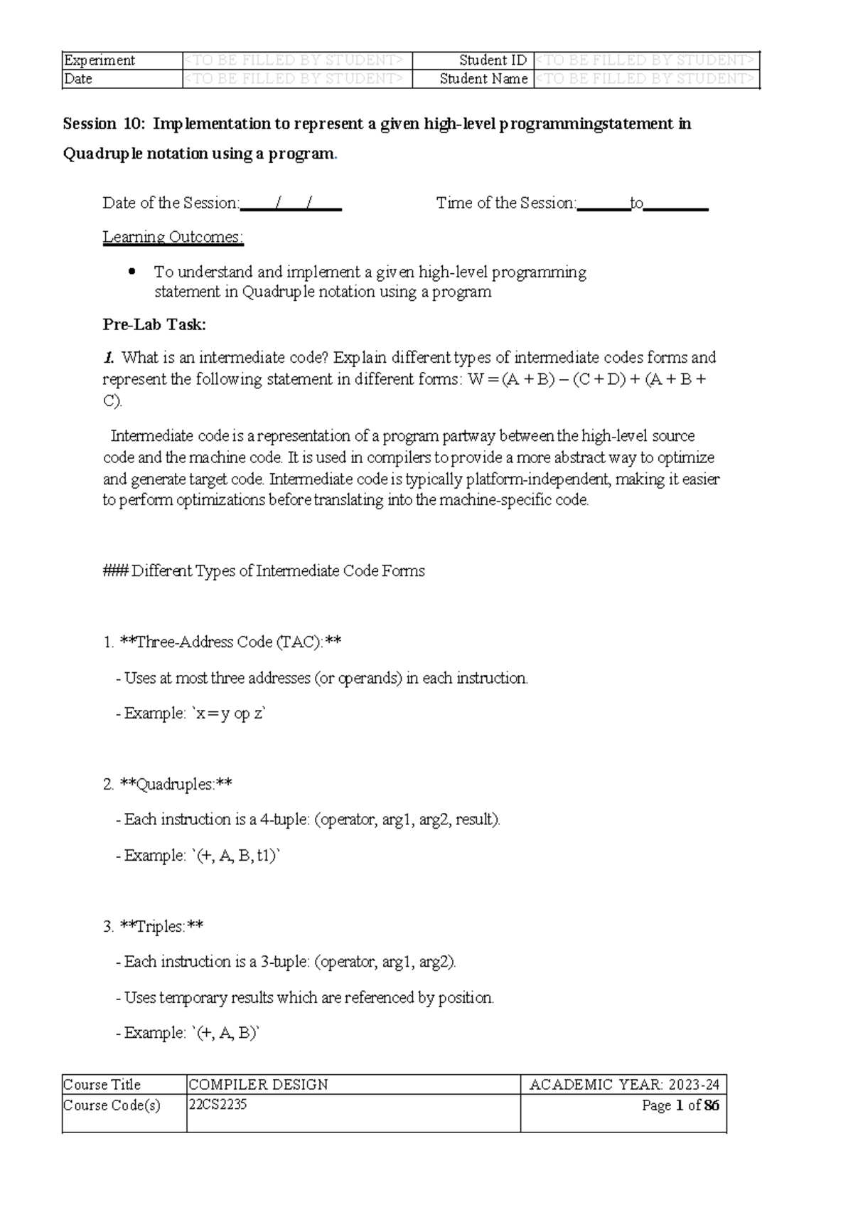 CD EXP-10 - it is practical of compiler design .it help to write lab workbook - Date
