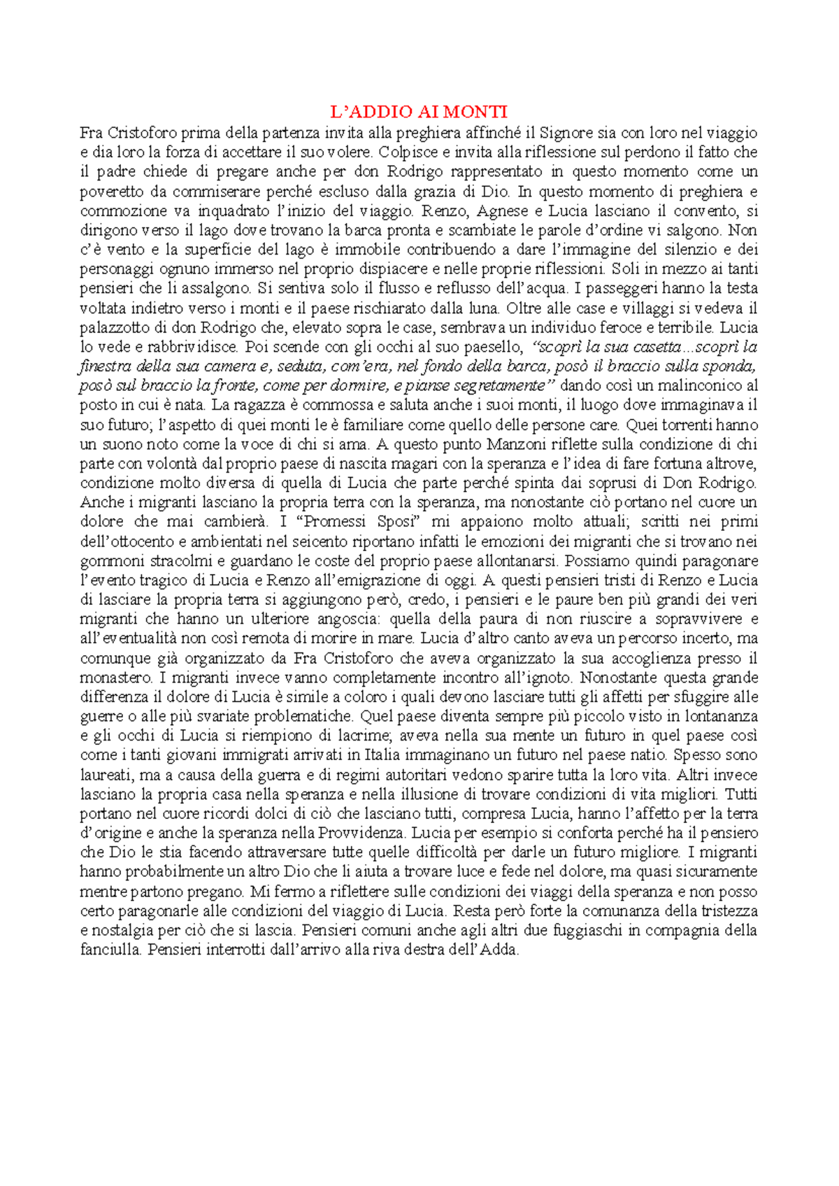 L’ Addio AI Monti - L’ADDIO AI MONTI Fra Cristoforo prima della partenza invita alla preghiera ...