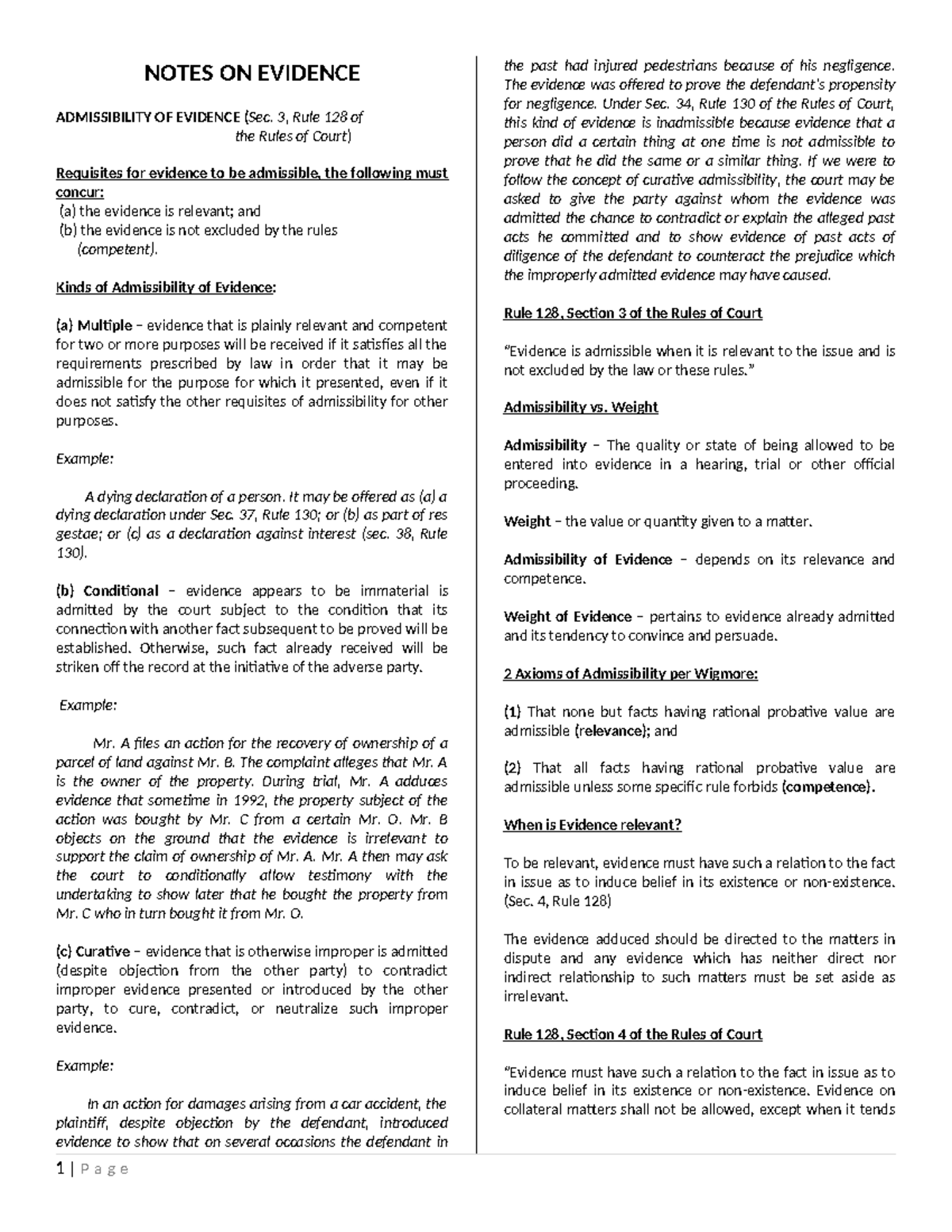 341260542 Notes on Evidence - NOTES ON EVIDENCE ADMISSIBILITY OF ...