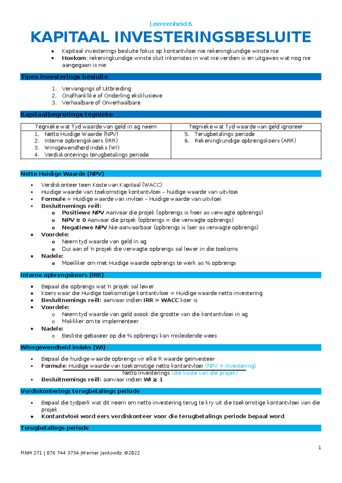 Leereenheid 10 - FINM - Leereenheid 6 KAPITAAL INVESTERINGSBESLUITE ...