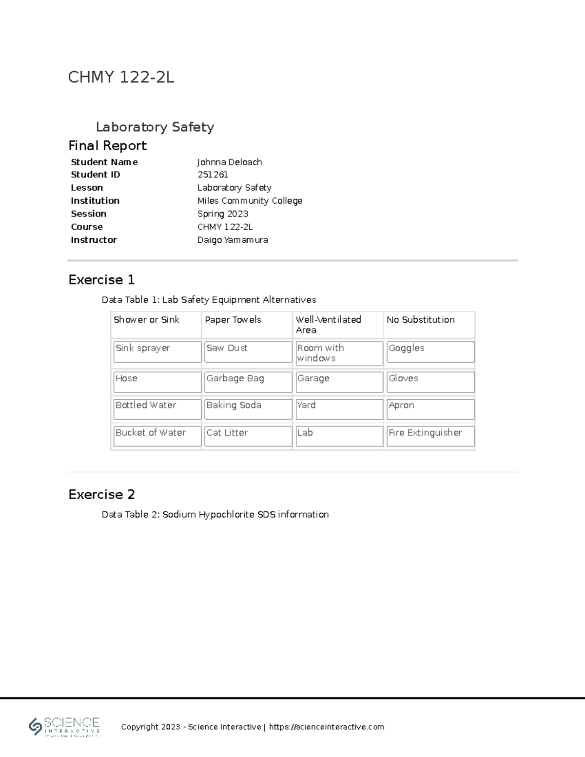 CHMY1222L Laboratory Safety Assignment 2 - Student Name Johnna Deloach ...
