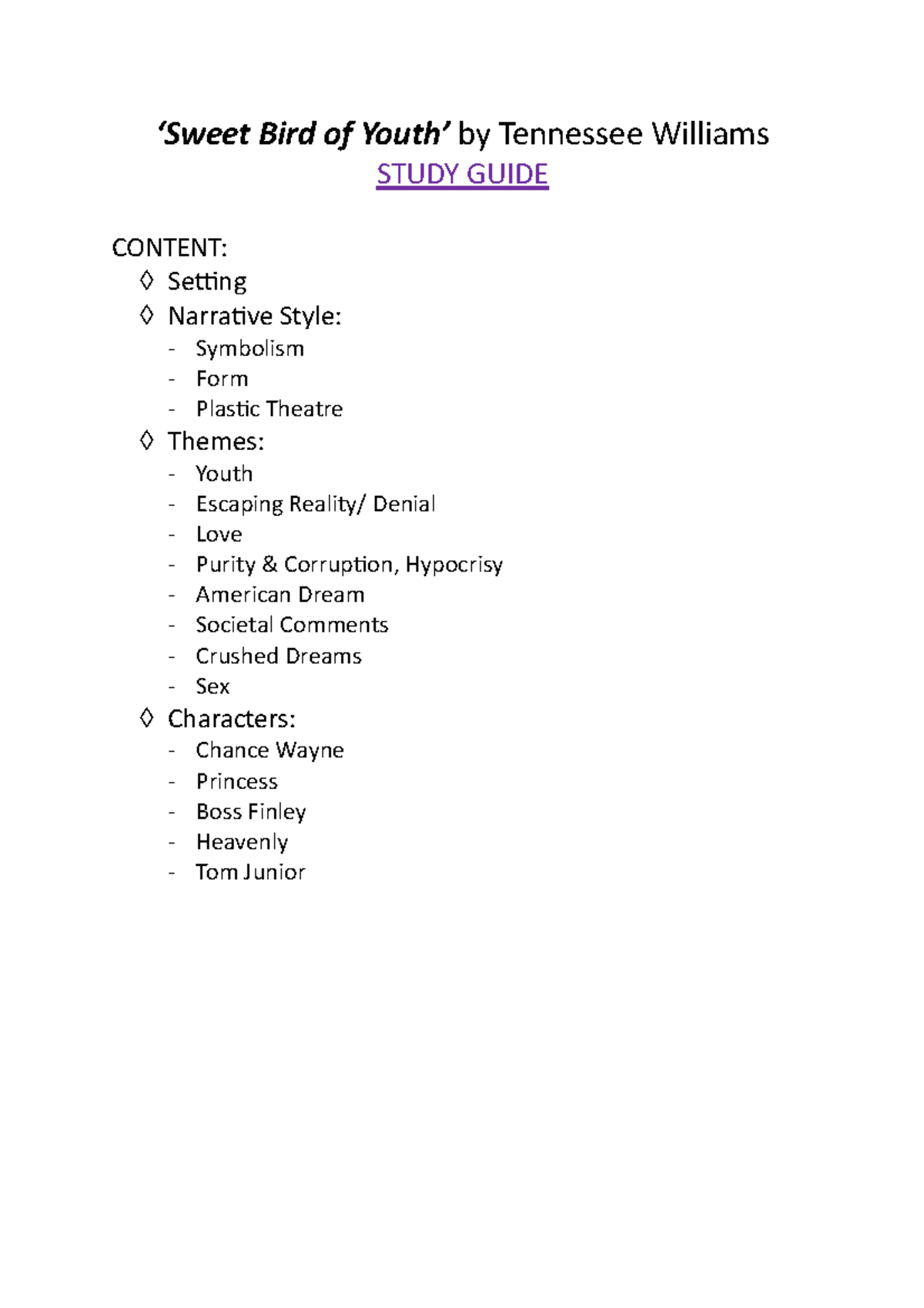 ‘Sweet Bird of Youth' – Study Guide - ‘Sweet Bird of Youth’ by ...