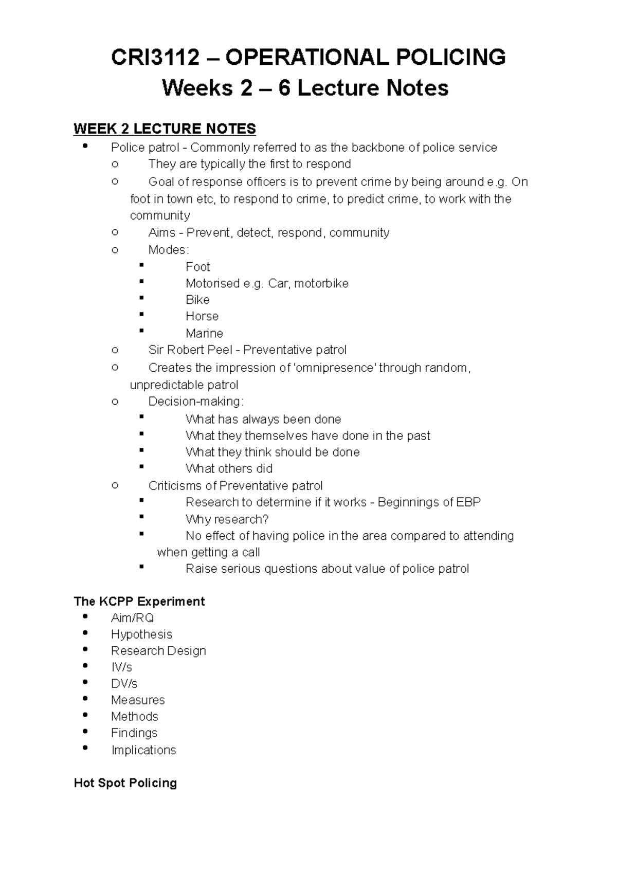 CRI3112 – OPERATIONAL POLICING Weeks 2-4 Lecture Notes - CRI3112 ...