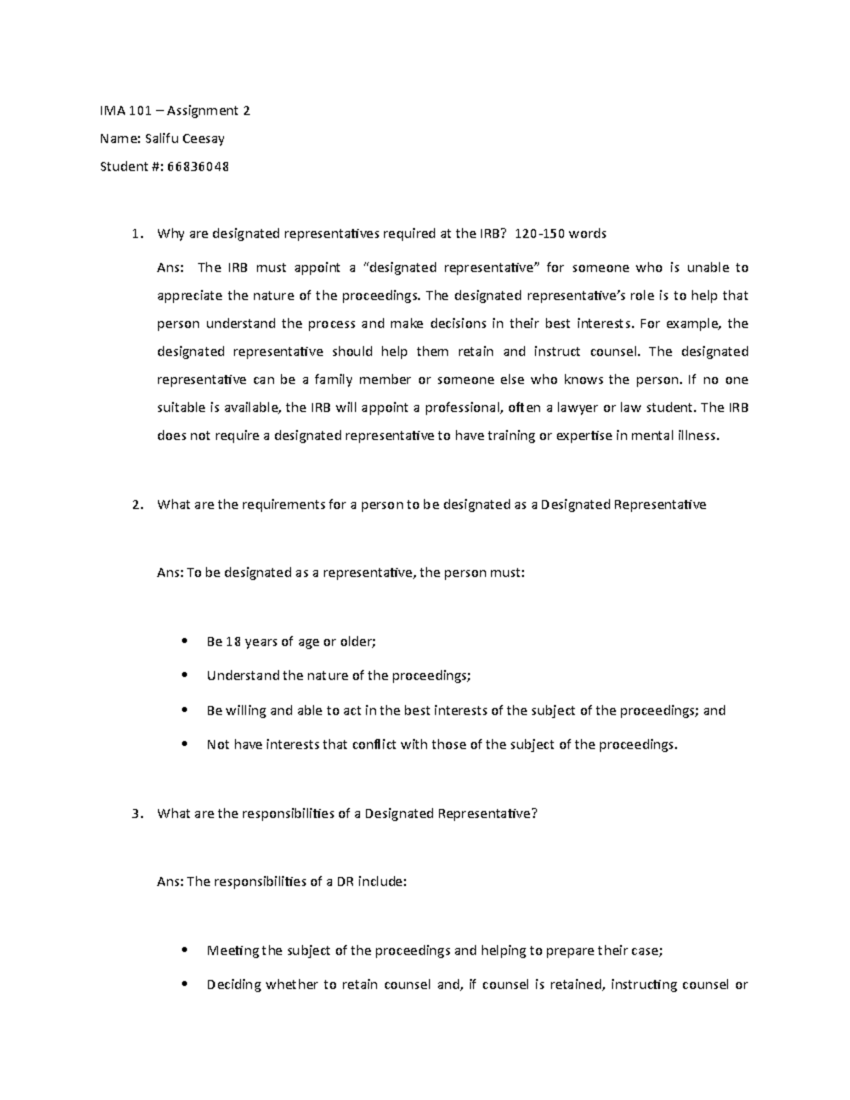 IMA 101-Assigment 2 - Immigration law - IMA 101 – Assignment 2 Name: Salifu Ceesay Student ...