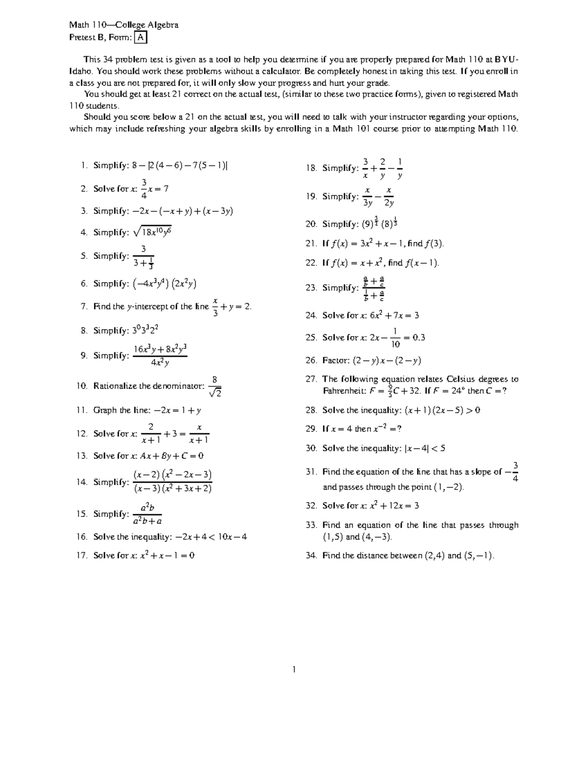 Algebra practice problems - Math 110—College Algebra Pretest B, Form:A ...