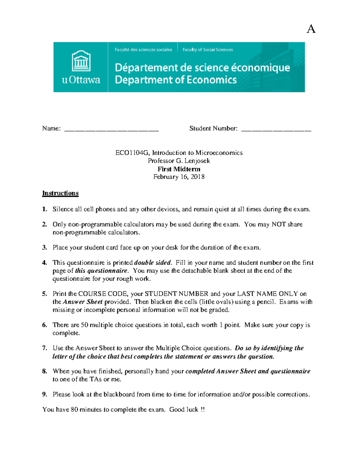 ECO1104 G, 1st MT A for students, Winter 2018 - Name ...