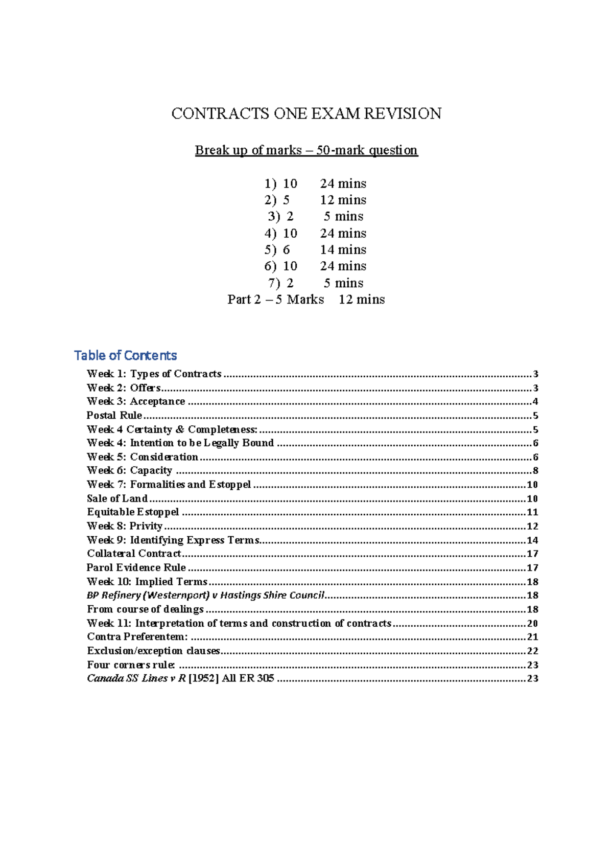 Contracts exam revision - CONTRACTS ONE EXAM REVISION Break up of marks – 50-mark question 1) 10 ...