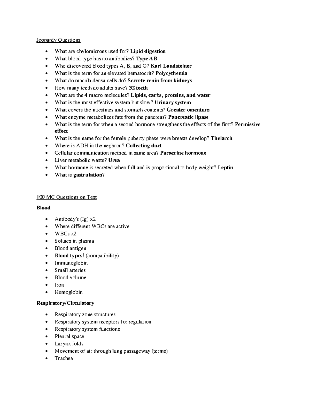 A+P II Final study guide - Jeopardy Questions What are chylomicrons ...