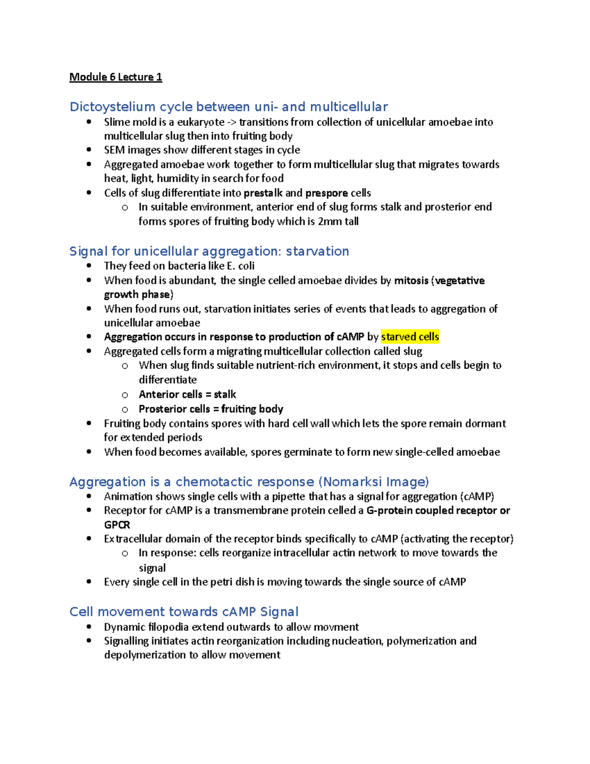Module 6 Lecture 1 - Module 6 Lecture 1 Dictoystelium cycle between uni ...
