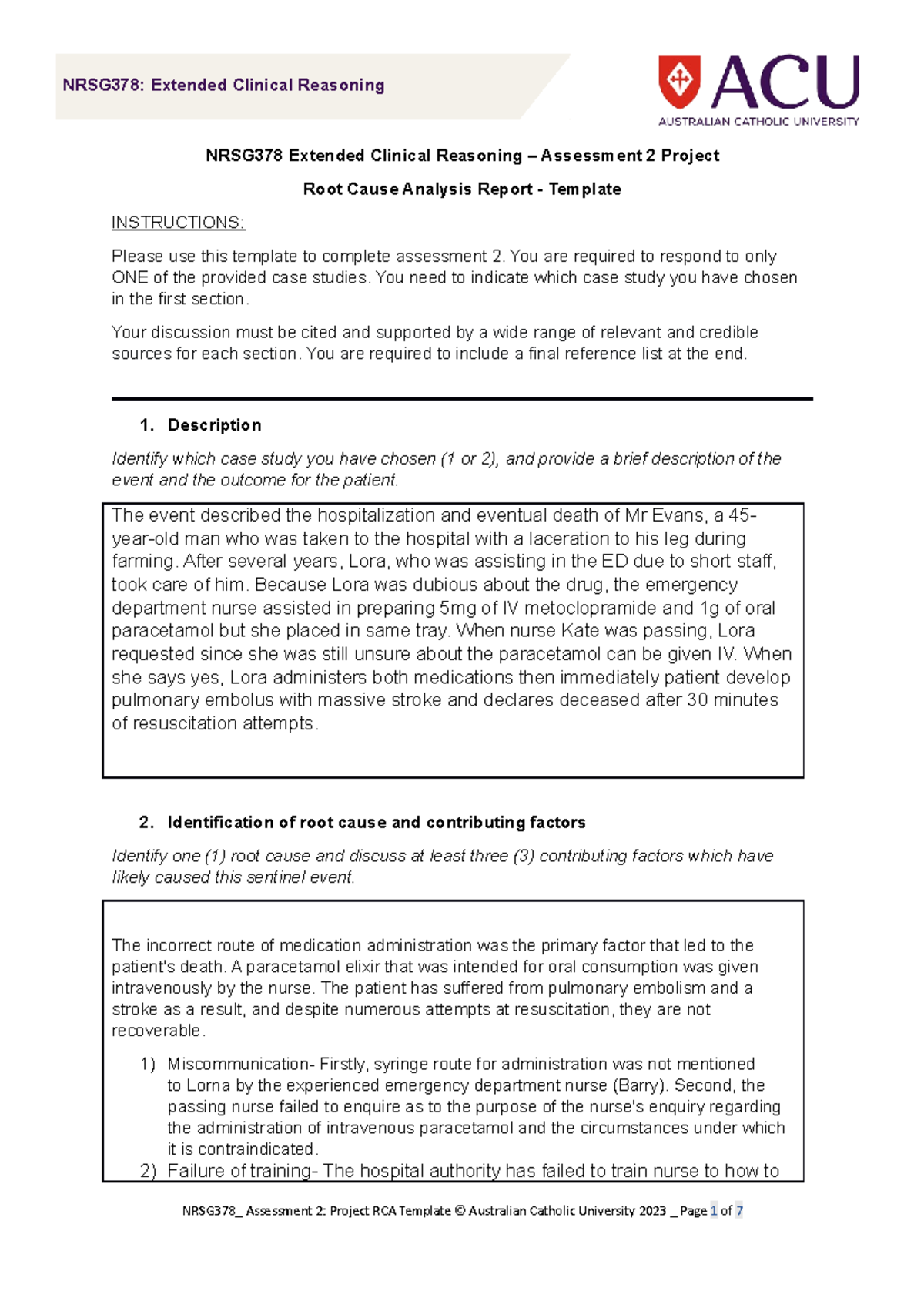 NRSG378 Assessment 2 RCA template - NRSG378 Extended Clinical Reasoning ...