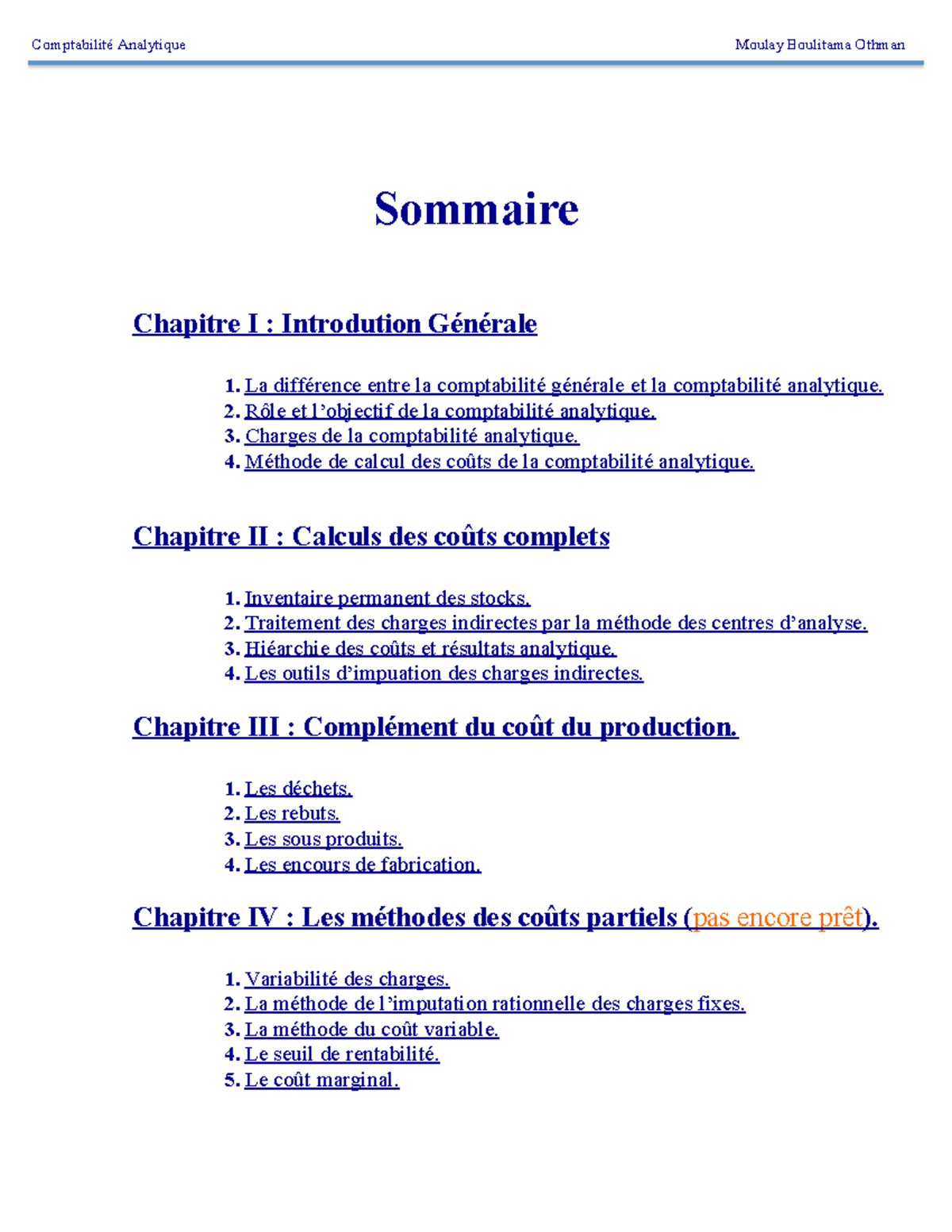 Résumé Comptabilité Analytique AMSI - Sommaire Chapitre I : Introdution ...