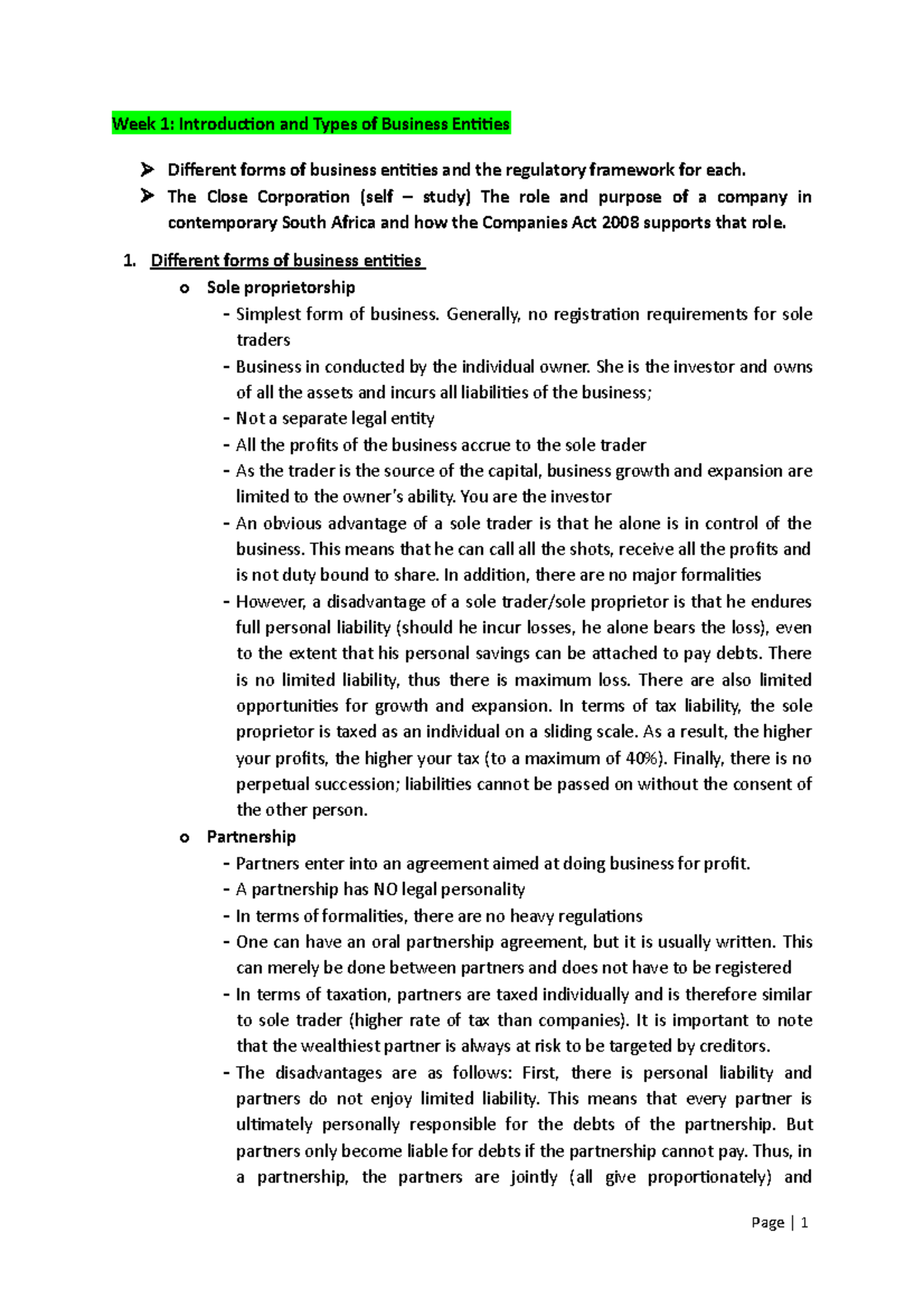 Business Entities WEEK 1 & 2 - Week 1: Introduction and Types of ...