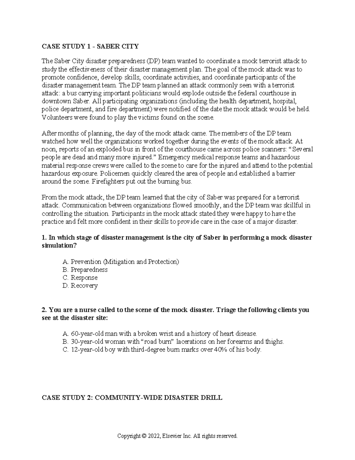 Chapter 16 Case Study - Student - CASE STUDY 1 - SABER CITY The Saber City disaster preparedness ...