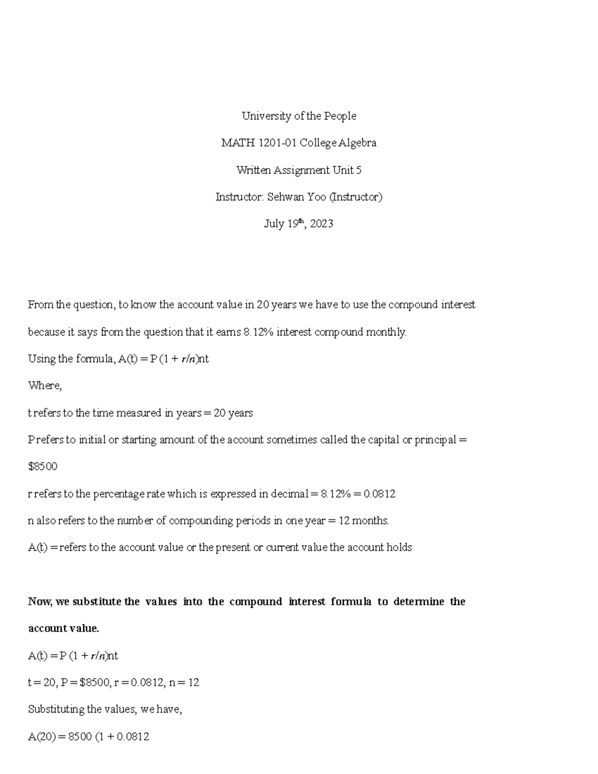 Written Assignment unit 2 MATH 1201 - University of the People MATH 1201-01 College Algebra ...