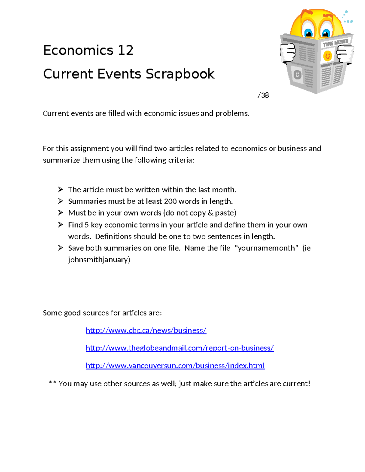Current Events Scrapbook - Economics 12 Current Events Scrapbook ...