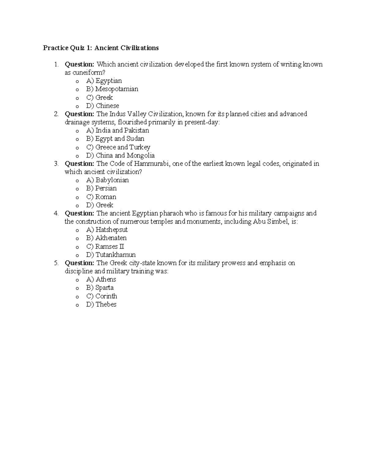 Ancient Civilizations Practice Quiz - Practice Quiz 1: Ancient ...