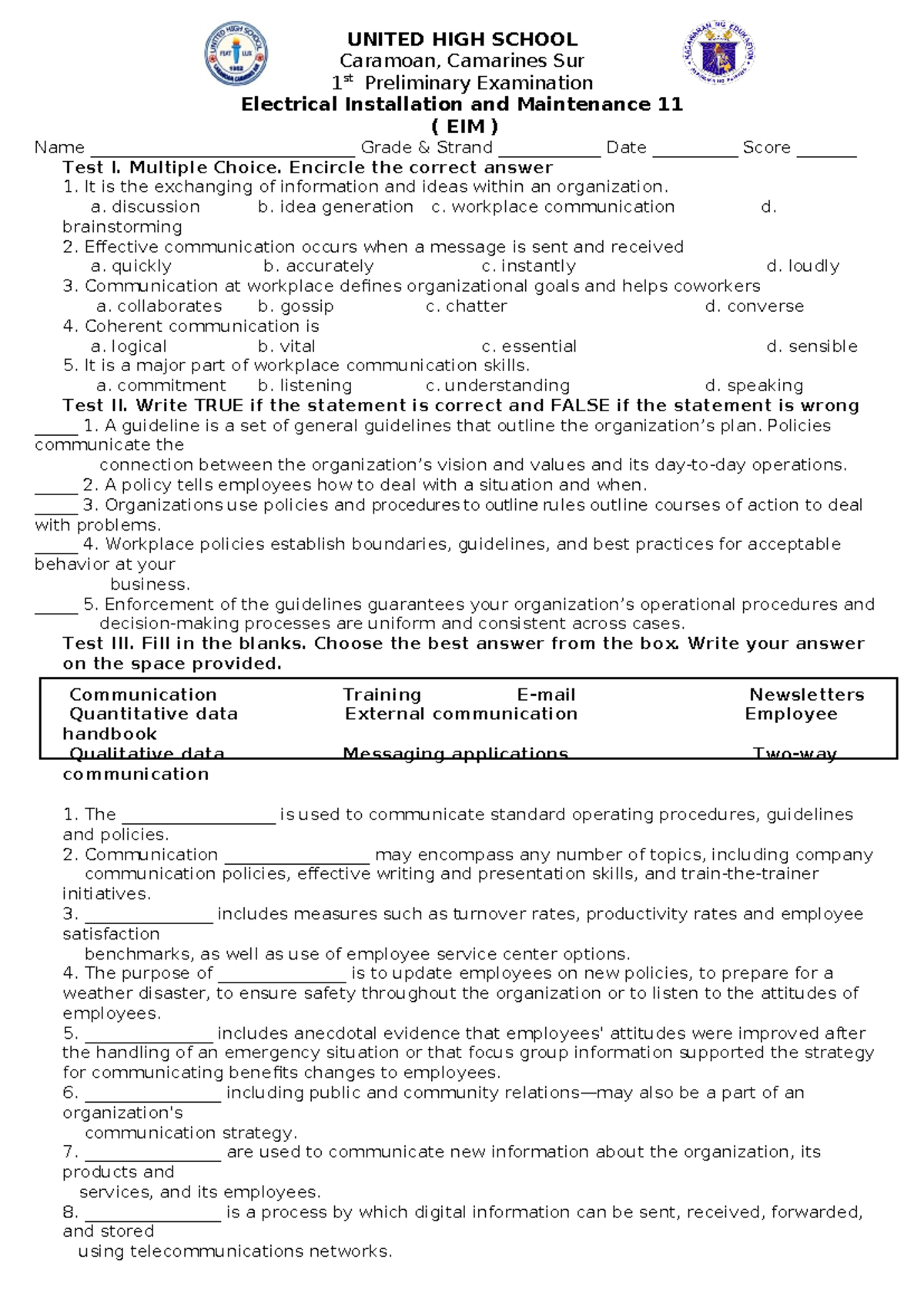 1st Prelim Exam EIM 11 - Examination - UNITED HIGH SCHOOL Caramoan ...