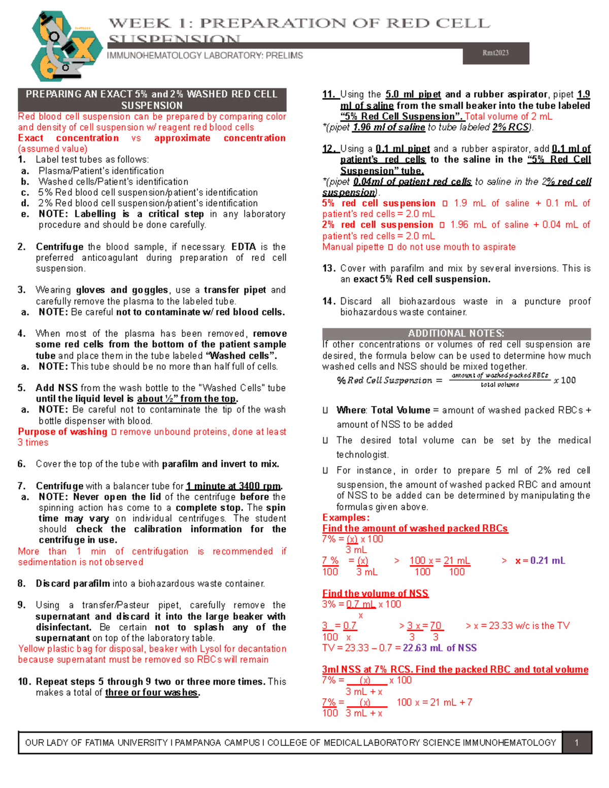 Immunohema-LAB- Prelims - PREPARING AN EXACT 5% and 2% WASHED RED CELL ...