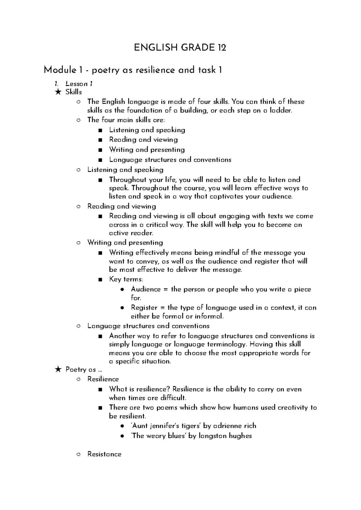 English Grade 12 - study guide - ENGLISH GRADE 12 Module 1 - poetry as ...