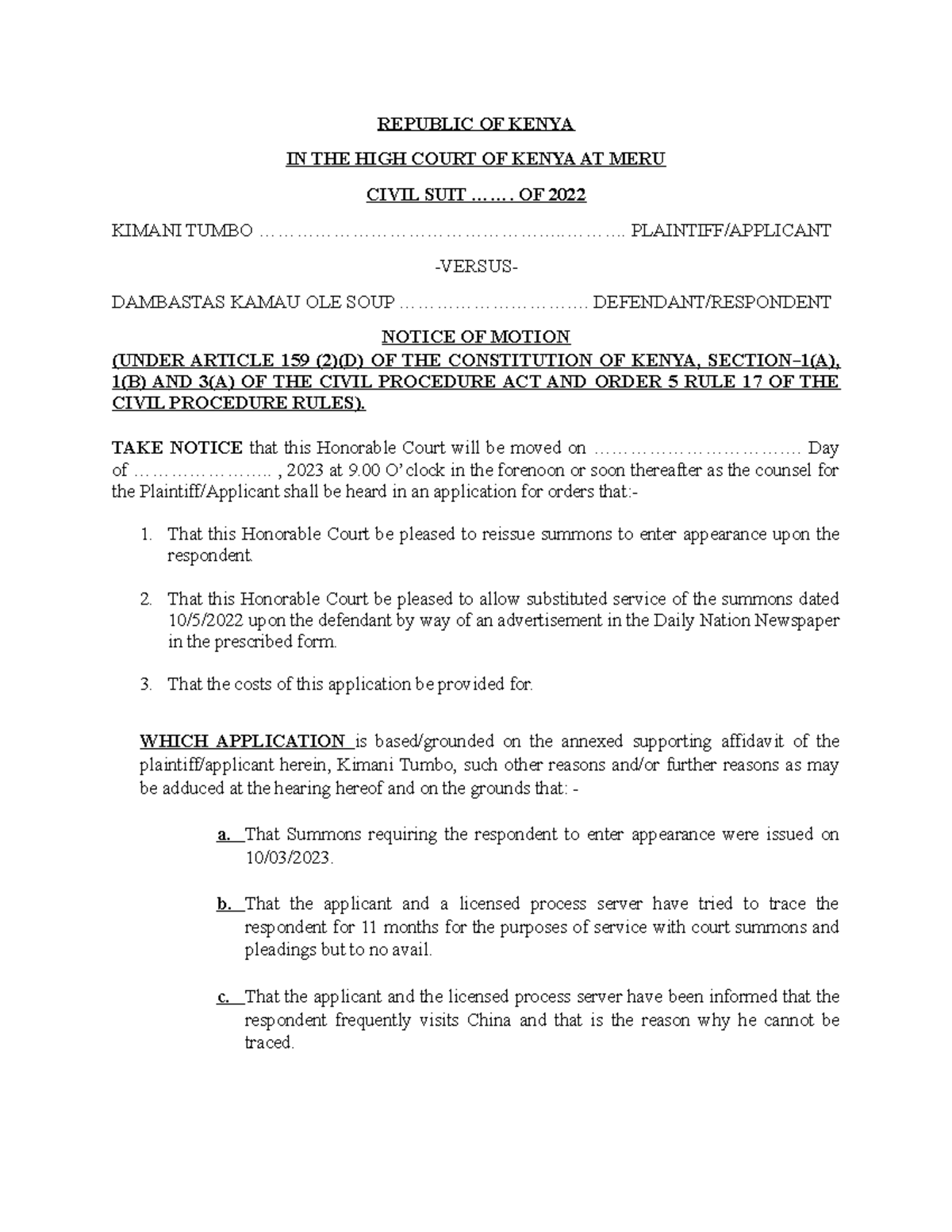 Civil lititgation assigement question 2 - REPUBLIC OF KENYA IN THE HIGH ...