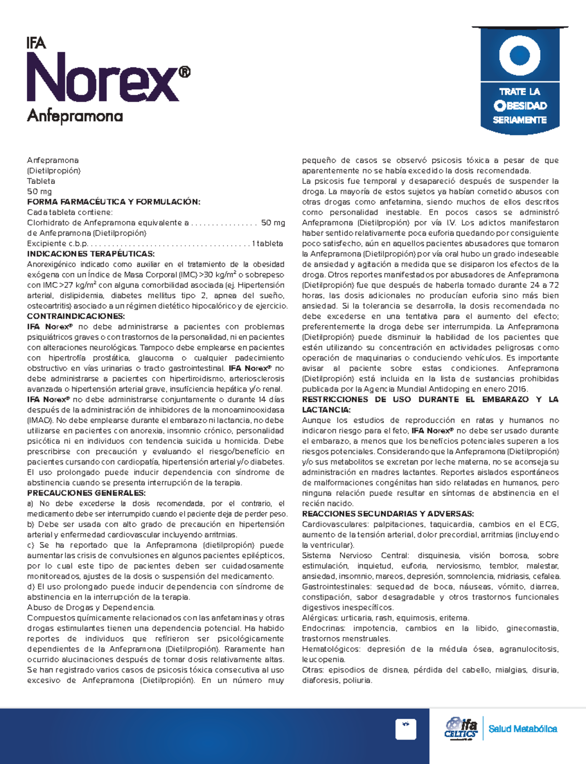 Ifa-norex-anfepramona - Anfepramona (Dietilpropión) Tableta 50 mg FORMA ...
