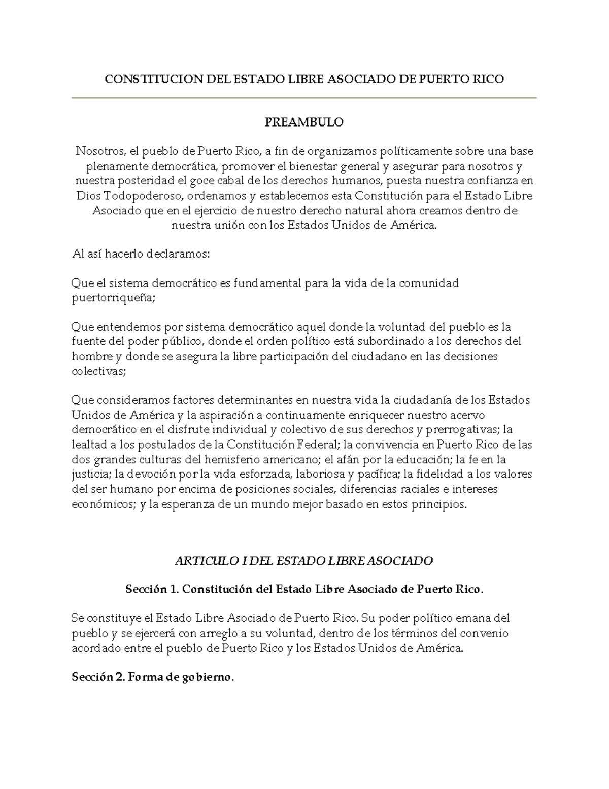 Constitución Puerto Rico - CONSTITUCION DEL ESTADO LIBRE ASOCIADO DE ...