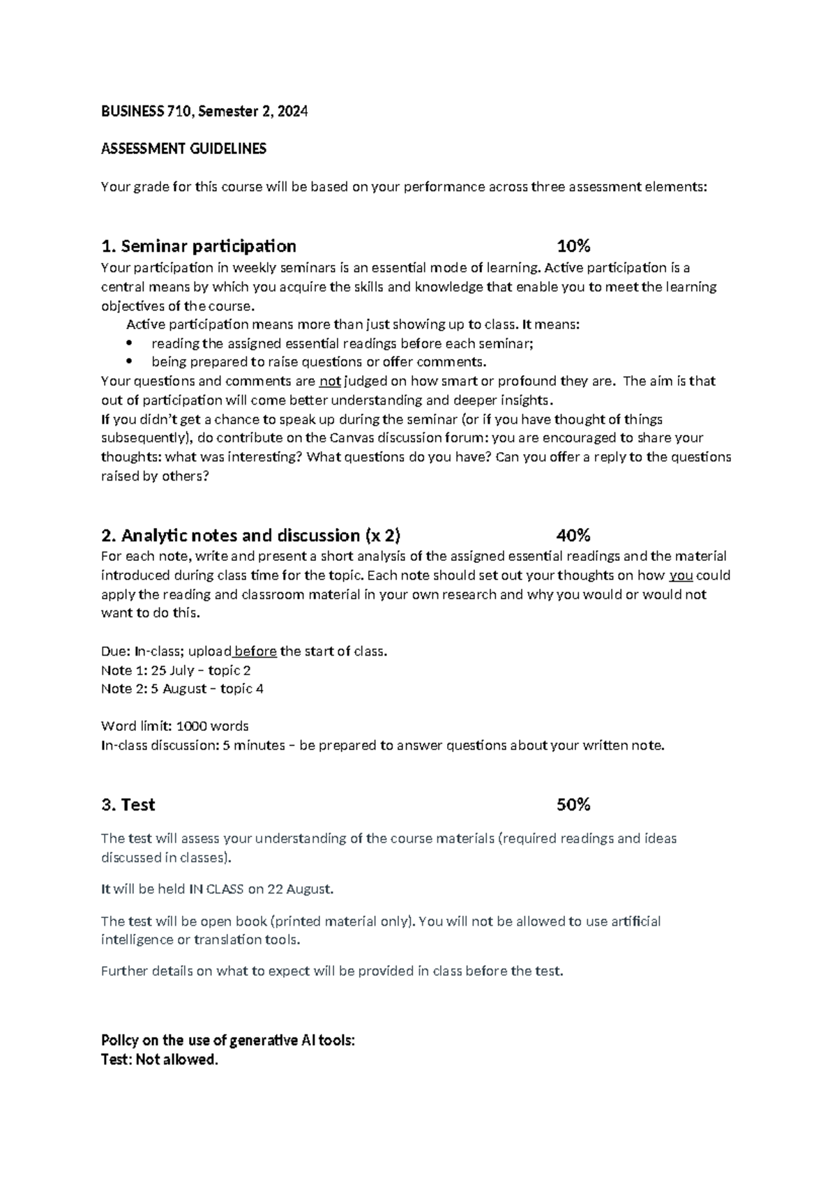Assessment Structure 710 - BUSINESS 710, Semester 2, 2024 ASSESSMENT ...
