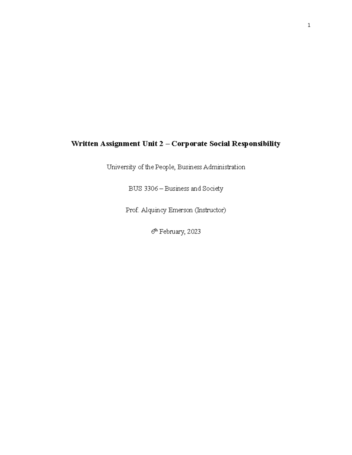 Written Assignment Unit 2 Submission - Written Assignment Unit 2 – Corporate Social ...