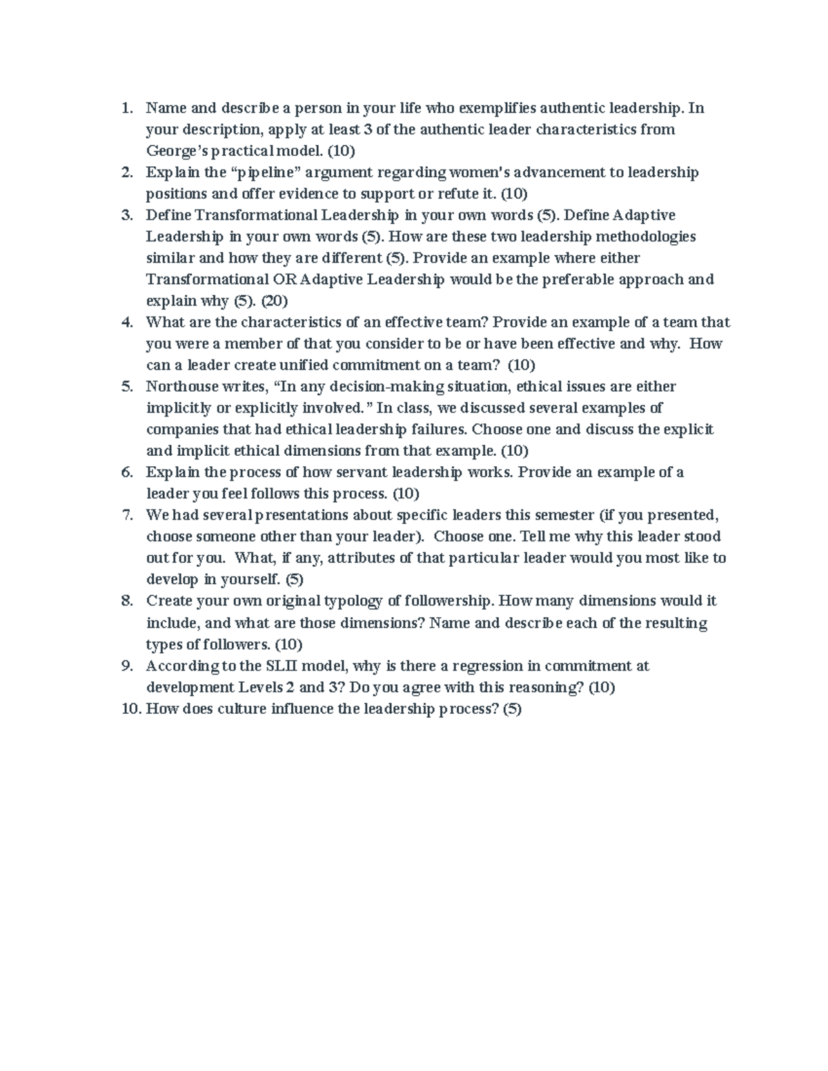 Leadership Final Exam Questions - Name and describe a person in your ...