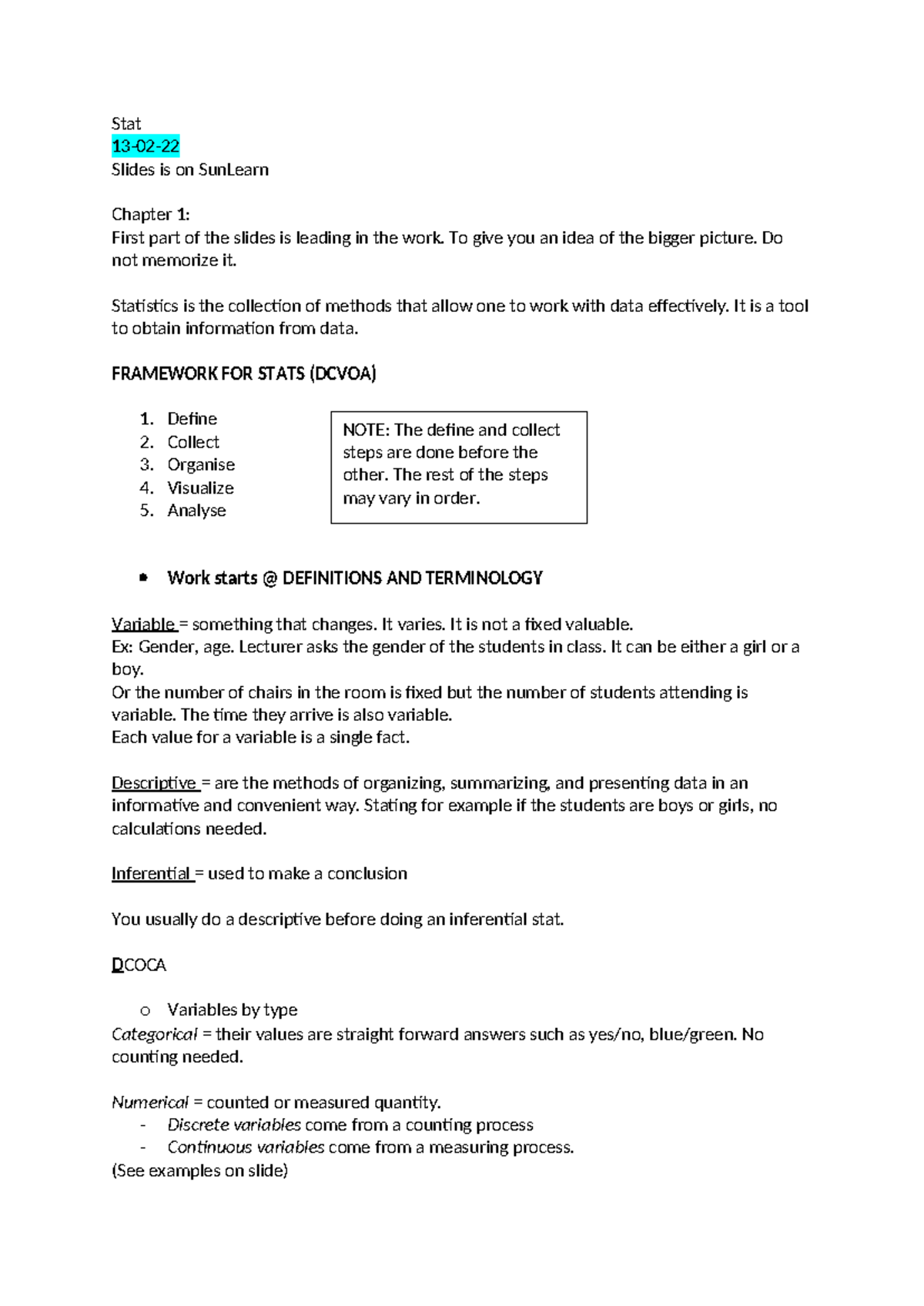 My notes - Stat 13-02- Slides is on SunLearn Chapter 1: First part of ...