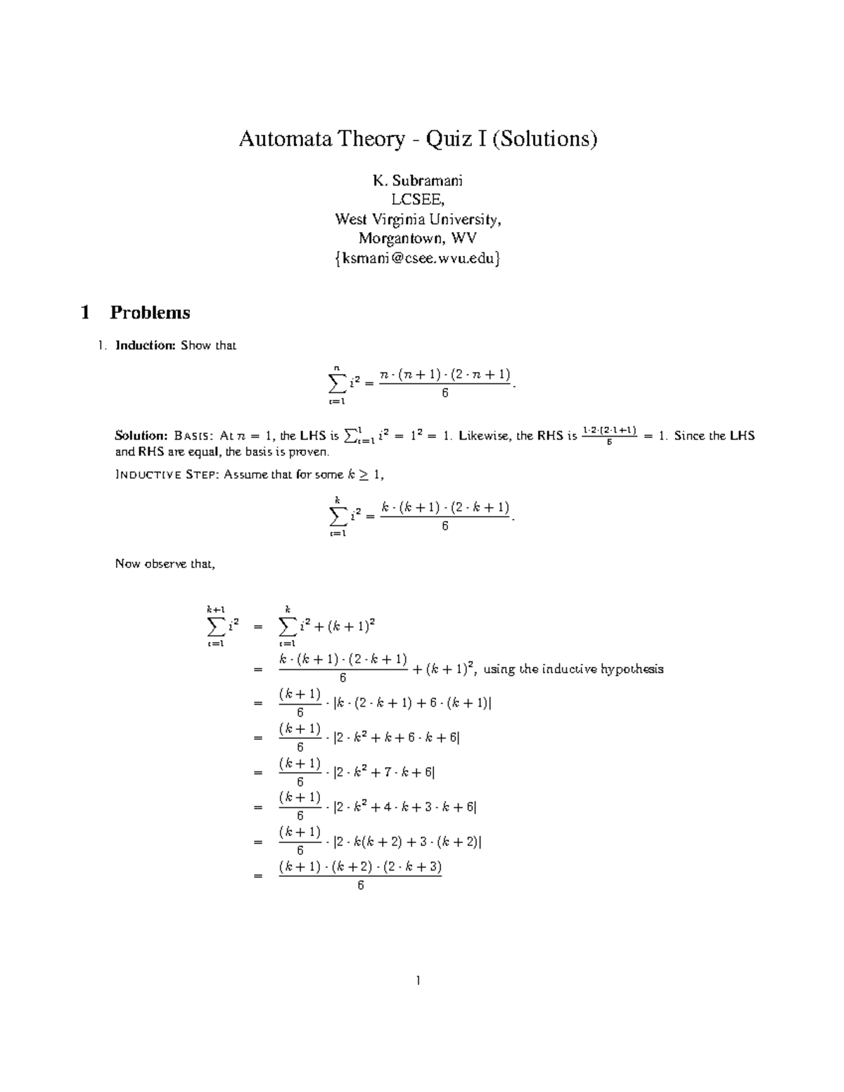 Quiz1sol - Quiz - Automata Theory - Quiz I (Solutions) K. Subramani LCSEE, West Virginia ...