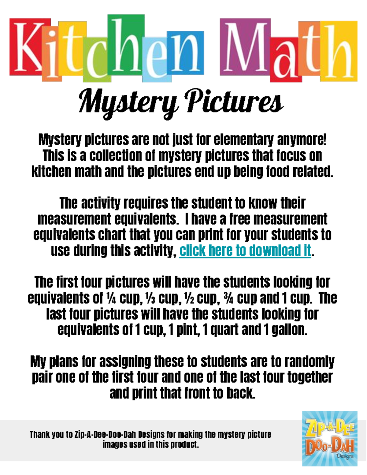 Kitchen Math Mystery Pictures Activity Measurements Equivalents ...
