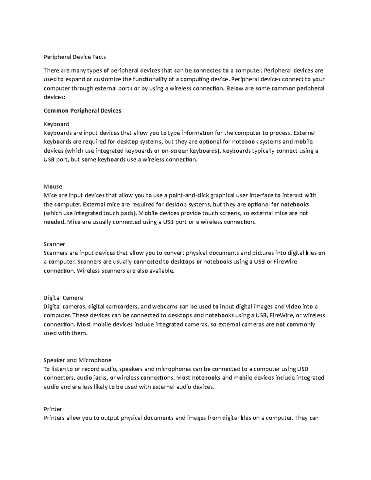 Lecture Notes 5 - Peripheral Device Facts There are many types of ...