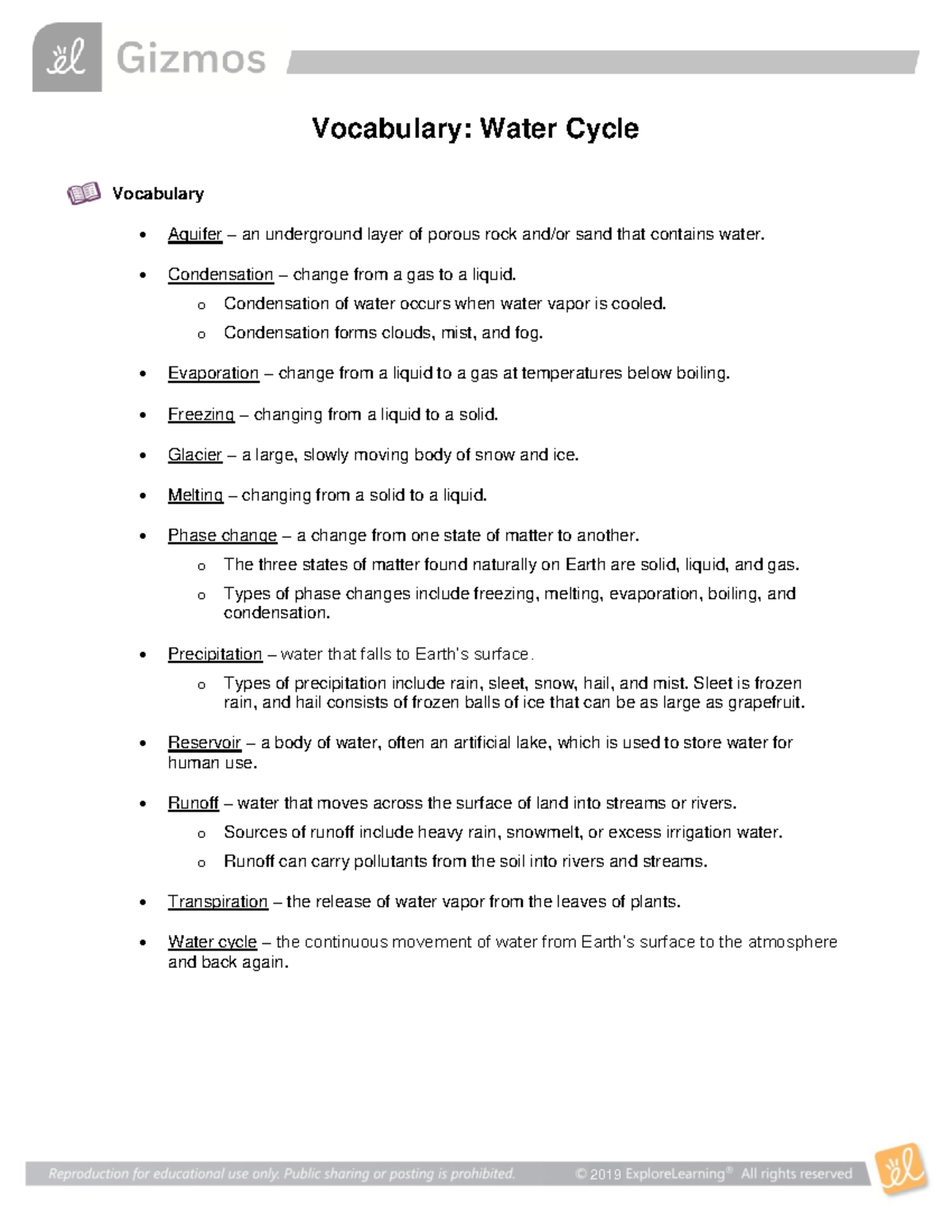 Water Cycle Vocab - 2019 Vocabulary: Water Cycle Vocabulary Aquifer ...