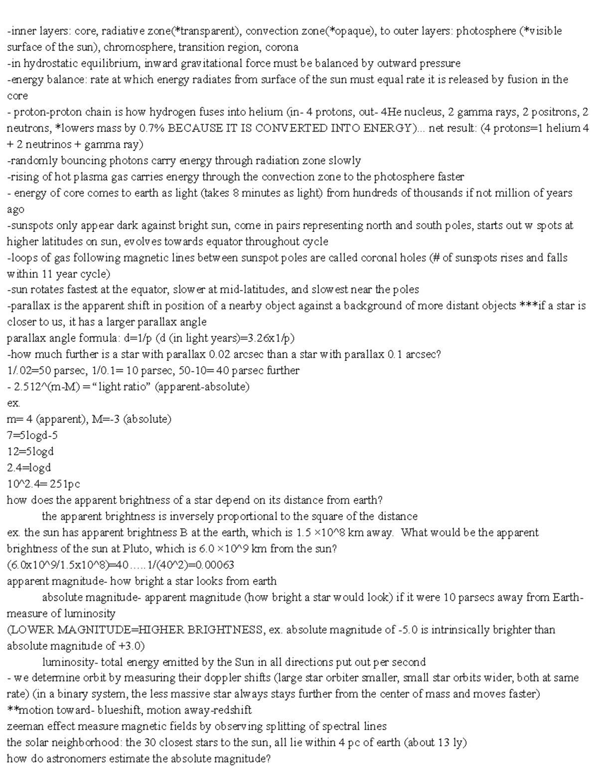 Astronomy exam 2 cheat sheet -inner layers: core, radiative zone ...