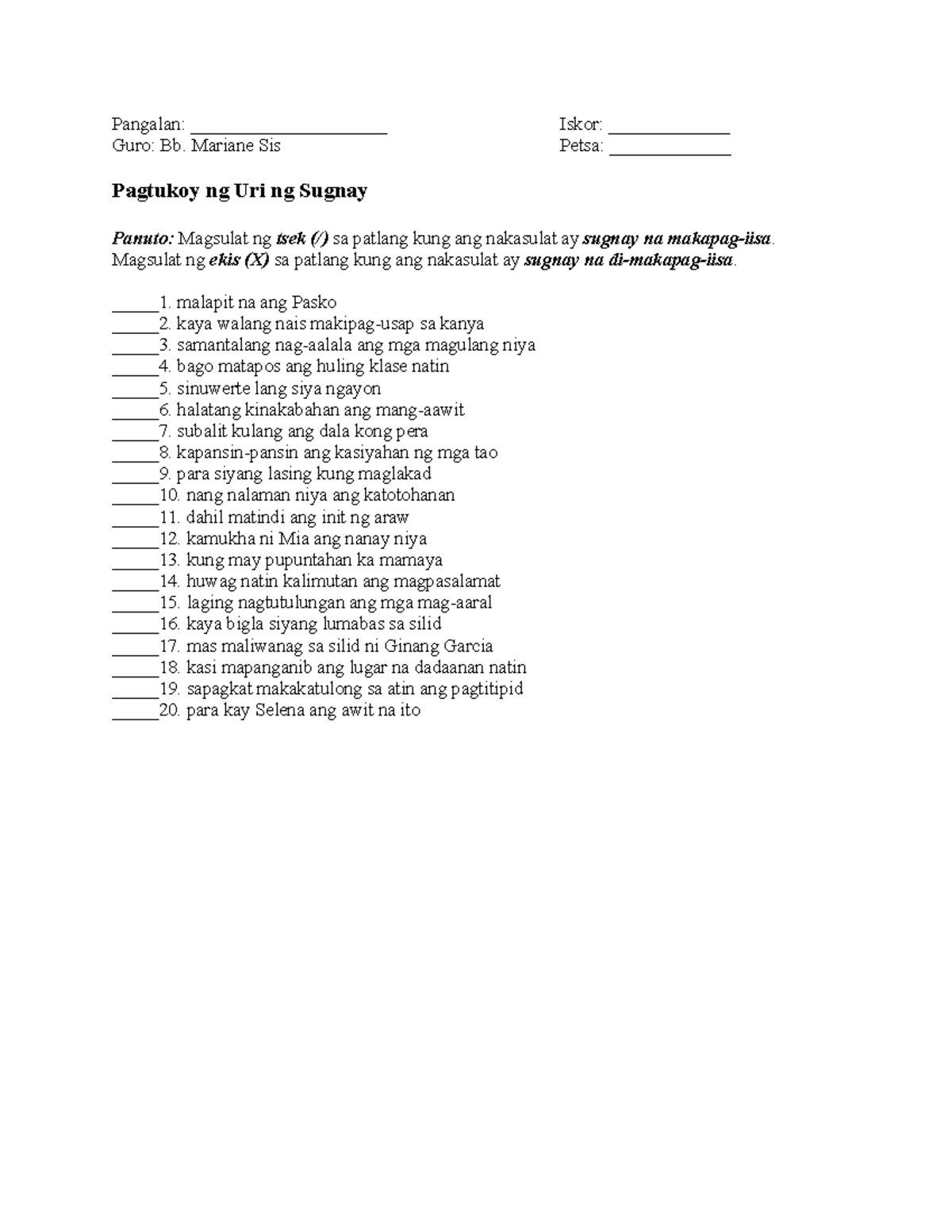Uri ng Sugnay - Pagsasanay - Pangalan: _____________________ Iskor ...