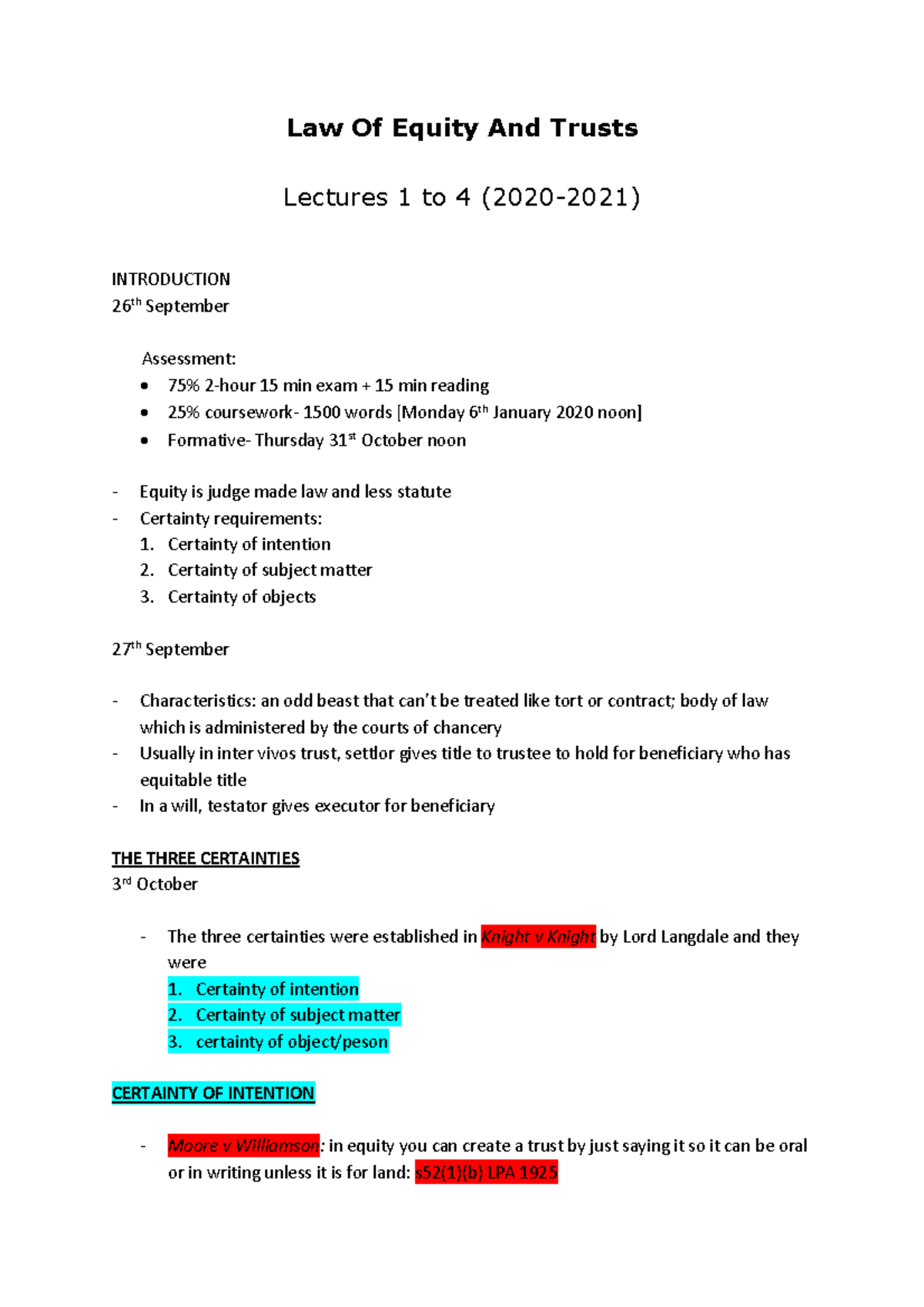 Law Of Equity And Trusts lecturenotes 1to4 20202021 - Law Of Equity And ...