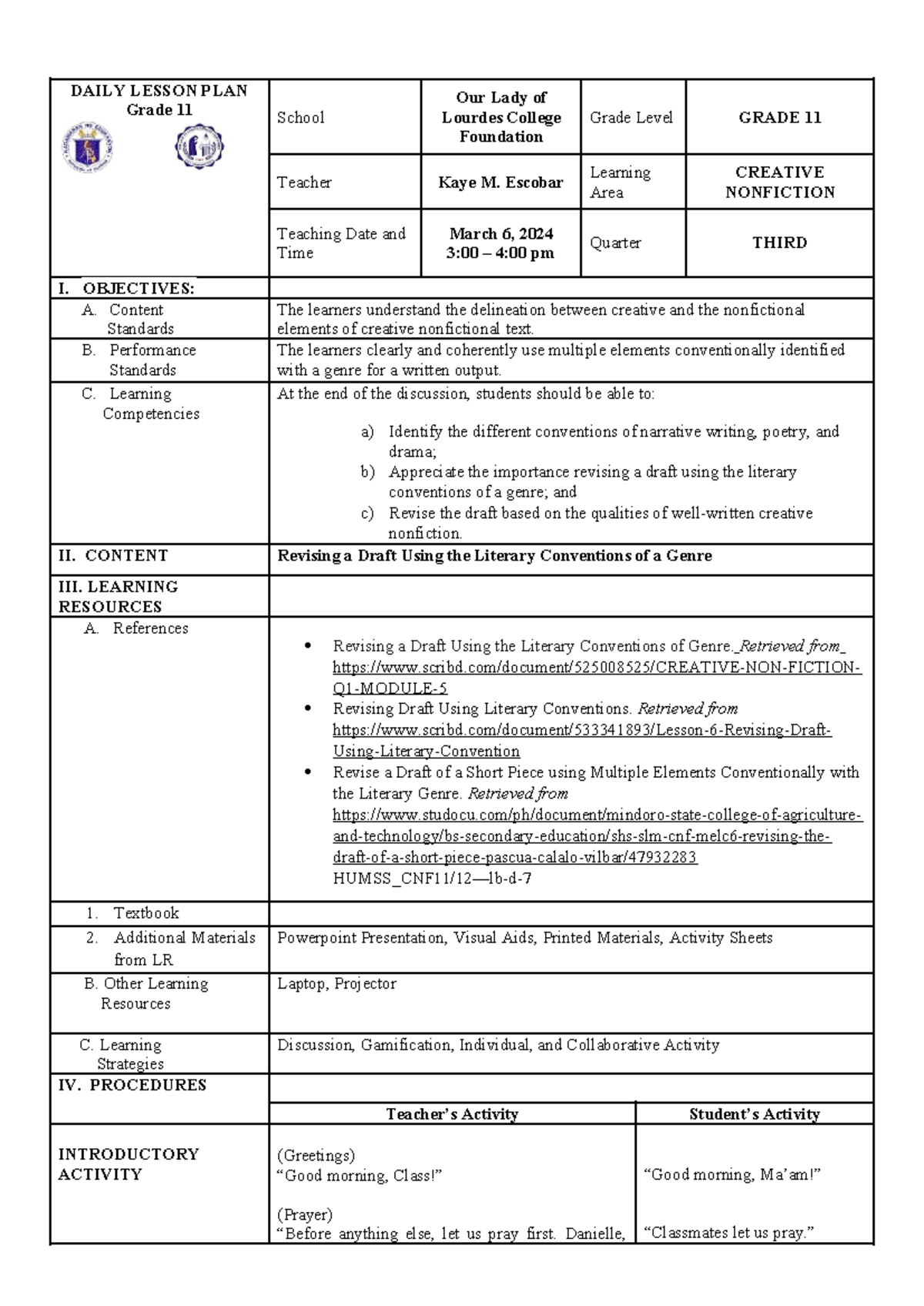 4th lp - lesson plan - DAILY LESSON PLAN Grade 11 School Our Lady of ...